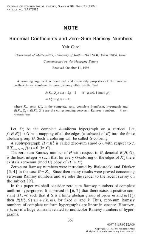 Pdf Binomial Coefficients And Zero Sum Ramsey Numbers Dokumentips