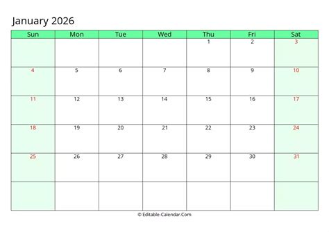 Download Fillable Calendar January 2026 Weeks Start On Sunday