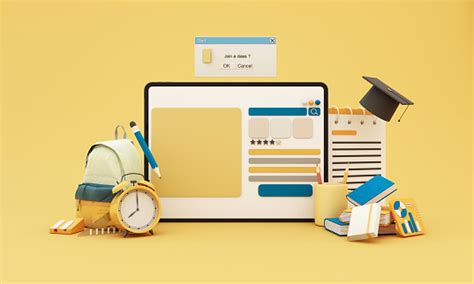 학교로 돌아가 학용품 및 장비로 온라인 학습에 참여하십시오 노란색과 파란색 배경에 전화 및 학교 액세서리 및 교과서가있는 노트북 컴퓨터 화면 만화 3d 렌더링 3차원 형태에