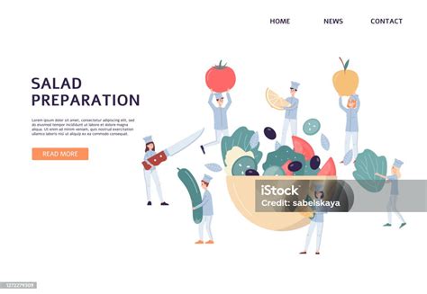 샐러드를 준비하는 작은 요리사 팀 음식 재료를 들고 만화 사람들 팀워크에 대한 스톡 벡터 아트 및 기타 이미지 팀워크 레스토랑 요리하기 음식 준비 Istock