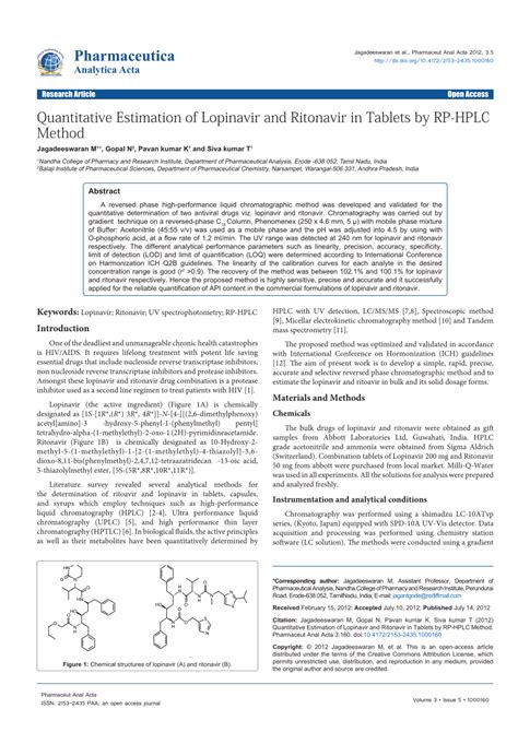 Pdf Quantitative Estimation Of Lopinavir And Ritonavir In Tablet Dosage Forms By Rp Hplc Method