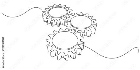 Continuous Line Of Interlocking Gears One Line Drawing Of Interlocking Gears Single Line Vector