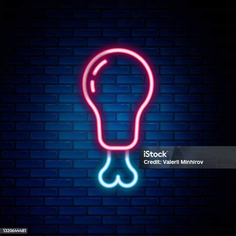 벽돌 벽 배경에 고립 된 빛나는 네온 라인 치킨 다리 아이콘 치킨 드럼 스틱 다채로운 개요 개념 벡터 가금류에 대한 스톡 벡터