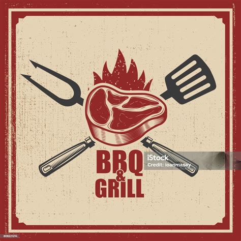 바베 큐 및 그릴 포크와 그런 지 배경에서 부엌 주걱 구운된 고기 포스터 상징 기호에 대 한 디자인 요소입니다 벡터 일러스트 레이 션 고기에 대한 스톡 벡터 아트 및 기타