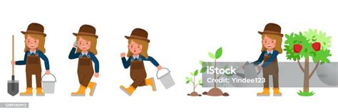농부 소녀 아이 캐릭터 벡터 디자인 감정과 다양한 행동의 프리젠 테이션 개념에 대한 스톡 벡터 아트 및 기타 이미지 개념 나무 농부 Istock