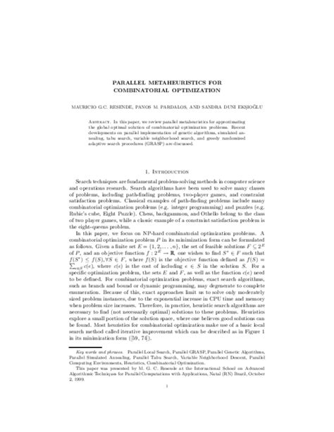 Pdf Parallel Metaheuristics For Combinatorial Optimization