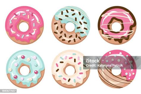 도넛 세트는 유약을 바르고 격리되어 있습니다 도넛에 색을 입히고 설탕 유약을 바르고 뿌립니다 핑크 크림 바닐라 초콜릿 프로스팅을 곁들인 맛있는 튀김 감미로운 롤 달콤한