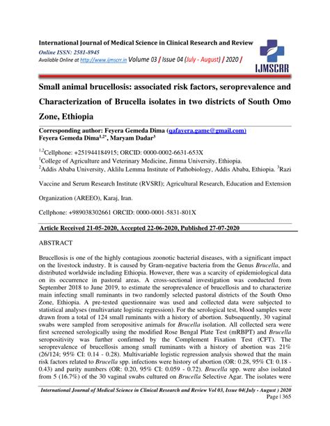 Pdf Small Ruminant Brucellosis Associated Risk Factors Seroprevalence And Characterization