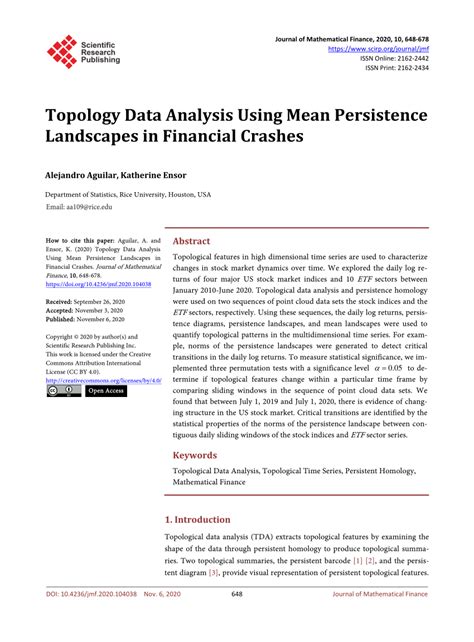 Pdf Topology Data Analysis Using Mean Persistence Landscapes In Financial Crashes