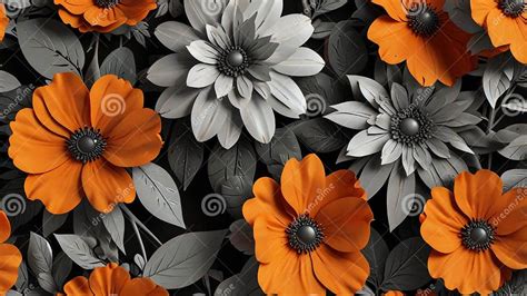 Simple Monochrome Two Tone Orange And White Seamless Pattern With Flowers Stock Illustration