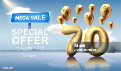 메가 세일 특별 행사 70 할인 천체를 배경으로 한 풍선의 할인 번호 판매 배너 및 포스터 벡터 일러스트 레이 션입니다 3차원 형태에 대한 스톡 벡터 아트 및 기타 이미지