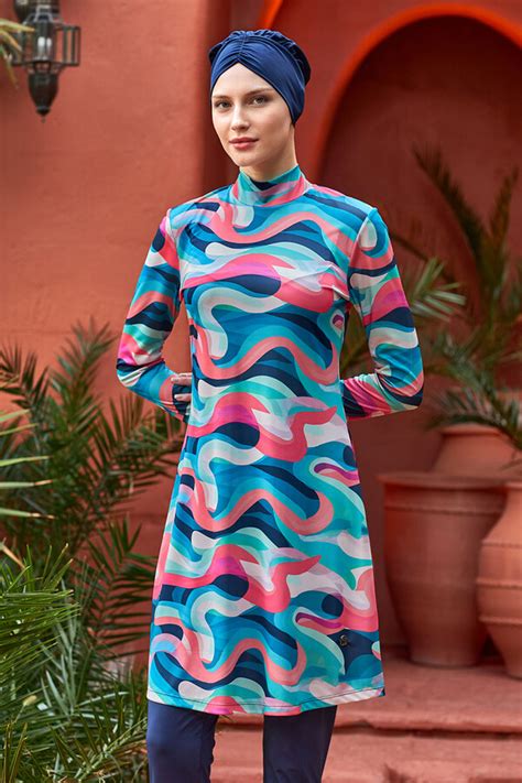 Full Coverage Modest Swimsuit Patterned 3106 Navy Blue