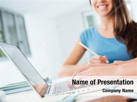 Desk Girls Sitting Using Laptop PowerPoint Template Desk Girls Sitting Using Laptop