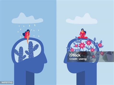 머리에 뇌와 같은 다른 꽃과 선인장을 가진 여성의 초상화 심리적 도움 정신 건강 관리 우울증 심리학 치료 개념벡터 일러스트레이터