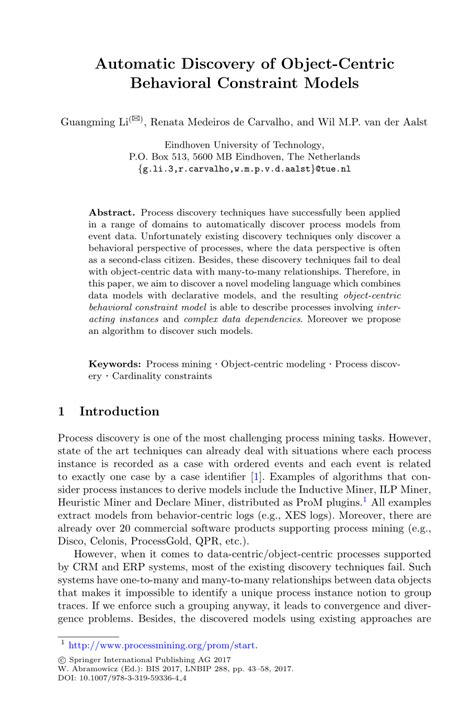 Pdf Automatic Discovery Of Object Centric Behavioral Constraint Models