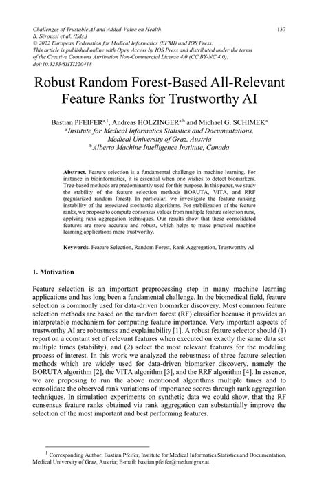 Pdf Robust Random Forest Based All Relevant Feature Ranks For Trustworthy Ai
