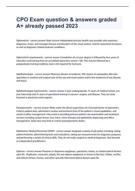 CPO Exam Question Answers Graded A Already Passed 2023 Certified Paraoptometric Stuvia US