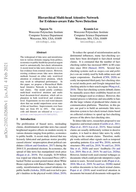 Pdf Hierarchical Multi Head Attentive Network For Evidence Aware Fake News Detection