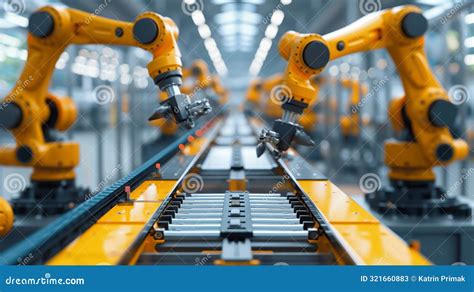 A Modern Factory Scene With Multiple Robotic Arms Assembling Products Efficiency And Precision