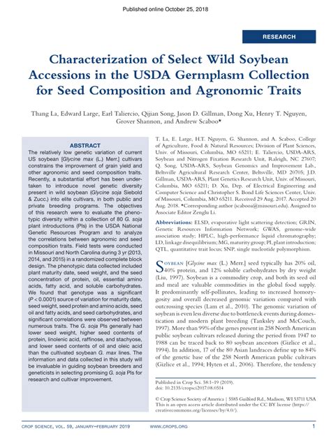 Pdf Characterization Of Select Wild Soybean Accessions In The Usda Germplasm Collection For