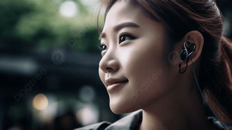 헤드폰을 끼고 아시아 여자 무선 이어폰을 끼고 웃는 젊은 여성의 근접 촬영 고화질 사진 사진 배경 일러스트 및 사진 무료