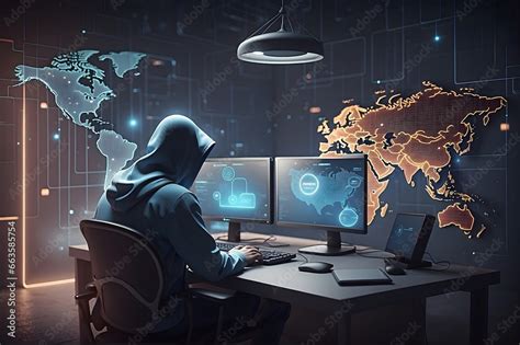 A Hacker Working At A Desk With Two Computer Screens World Map In Front Of Him With Some
