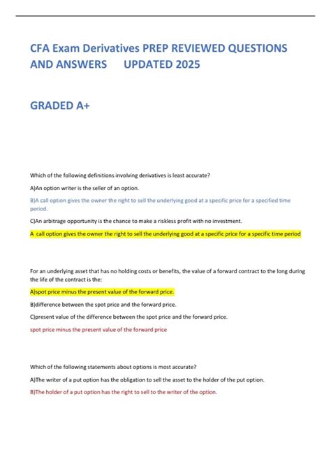 Cfa Exam Derivatives Prep Reviewed Questions And Answers Updated 2025