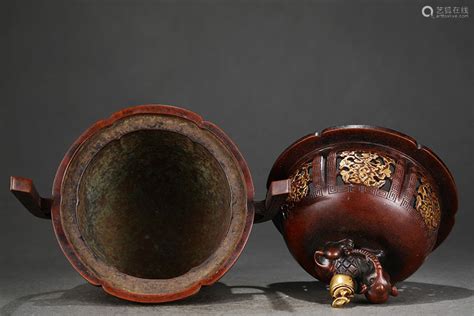 旧藏宣德款精铸紫铜胎鎏金花卉纹朝冠耳熏炉－【deal Price Picture】
