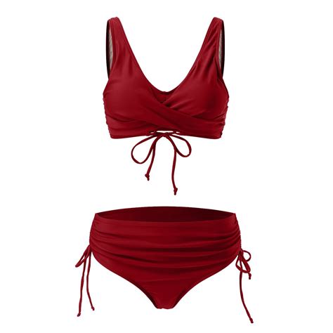 Alllist Womens Swim Suits Red Solid Back Smoothing Sexy High Cut Bikini
