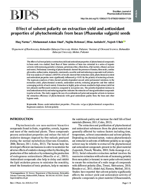 Pdf Effect Of Solvent Polarity On Extraction Yield And Antioxidant Properties Of
