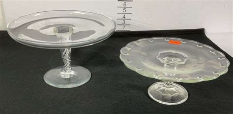 2 Glass Pedastal Cake Display Stand One Has A Beautiful Swirl Base