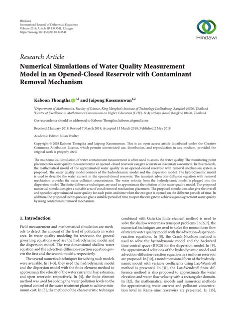 Pdf Numerical Simulations Of Water Quality Measurement Model In An Opened Closed Reservoir