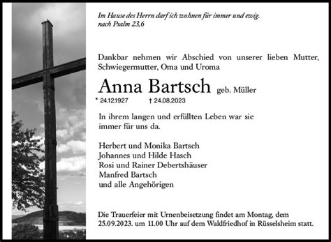 Traueranzeigen Von Anna Bartsch Vrm Trauer De