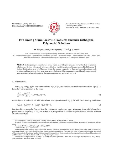 Pdf Two Finite Q Sturm Liouville Problems And Their Orthogonal Polynomial Solutions