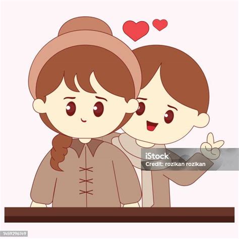 발렌타인 데이에 귀여운 사진 포즈를 가진 귀여운 연인 커플 만화 캐릭터의 그림 Twenty20 크리켓에 대한 스톡 벡터 아트 및