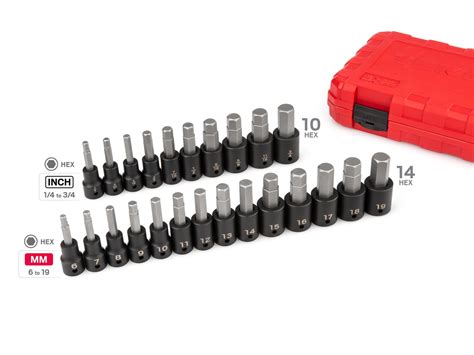 1 2 Inch Drive Hex Impact Bit Socket Set With Case 24 Piece Tekton