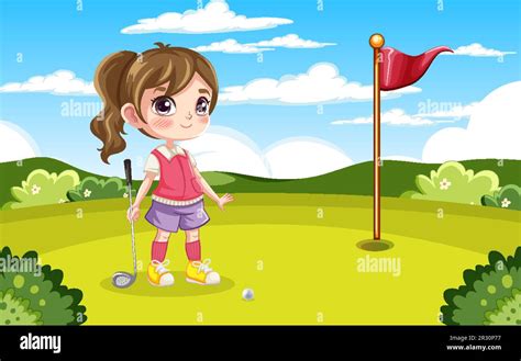 Girl Playing Golf At Golf Course Outdoor Illustration Stock Vector Image And Art Alamy