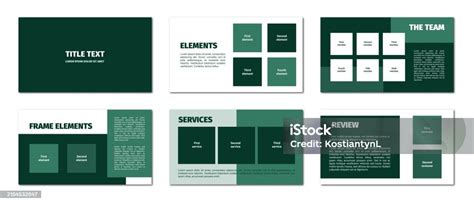 녹색 사각형 프리젠 테이션 템플릿입니다 평면 디자인 흰색 배경 6개의 슬라이드 제목 요소 팀 프레임 서비스 리뷰 1920년에