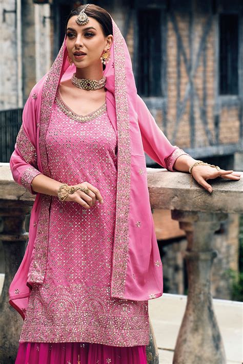 Hot Pink Georgette Embroidered Straight Cut Sharara Suit Lstv127806