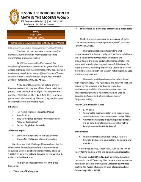 Lesson 11 Intoduction To Math In The Modern World Topic Sub Topic Subsub Topic Introduction