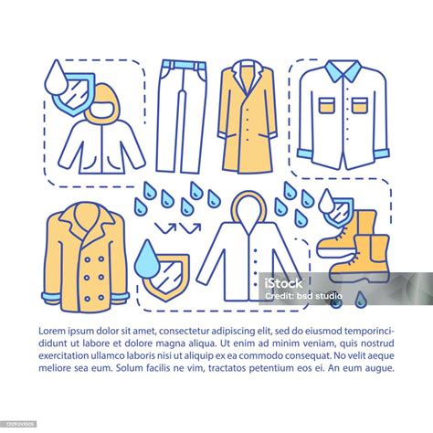 방수 의류 기사 페이지 벡터 템플릿입니다 브로셔 잡지 선형 아이콘과 텍스트 상자소책자 디자인 요소 소수성 직물 인쇄 디자인 텍스트 공간이 있는 개념 그림 0명에 대한 스톡