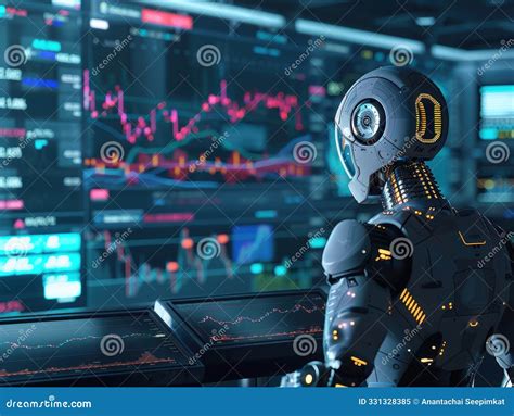 A Futuristic Ai Robot Analyzes Stock Market Charts And Data On Multiple