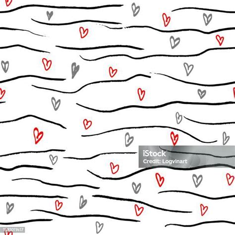 추상적인 하트와 라인이 있는 매끄러운 패턴 손으로 그린 잉크 프린트 직물 직물 포장지 검은색에 대한 스톡 벡터 아트 및 기타 이미지 검은색 공휴일 긍정적인 감정 표현