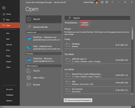 Recent Tab Of Backstage View In Powerpoint 365 For Windows