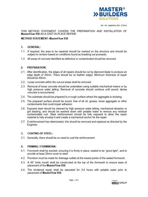 Appendix B 1 Mtsds Masterflow 950 Ms Pdf Concrete Water