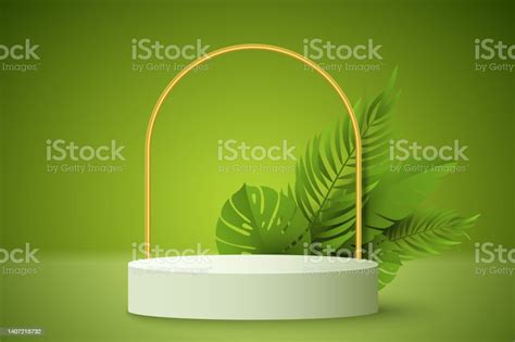 브랜드 제품을 전시 할 수있는 열대 식물이있는 이국적인 빈 연단 미니멀 한 여름 장면 디자인을 위한 3d 받침대 판매 모형 벡터 일러스트 레이 션 0명에 대한 스톡 벡터