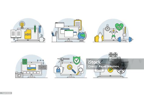화면에 컴퓨터 프로그램이 설정되어 있습니다 관리 마케팅 연구 전자 학습 온라인 코치 벡터 일러스트 레이 션 개발에 대한 스톡