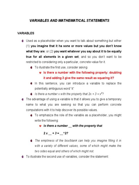 Variables And Mathematical Statements Pdf Integer Real Number