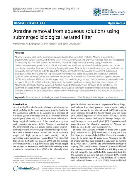 Pdf Atrazine Removal From Aqueous Solutions Using Submerged Biological Aerated Filter