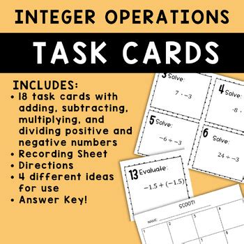 Integer Operations Task Cards Add Subtract Multiply Divide Negative Numbers